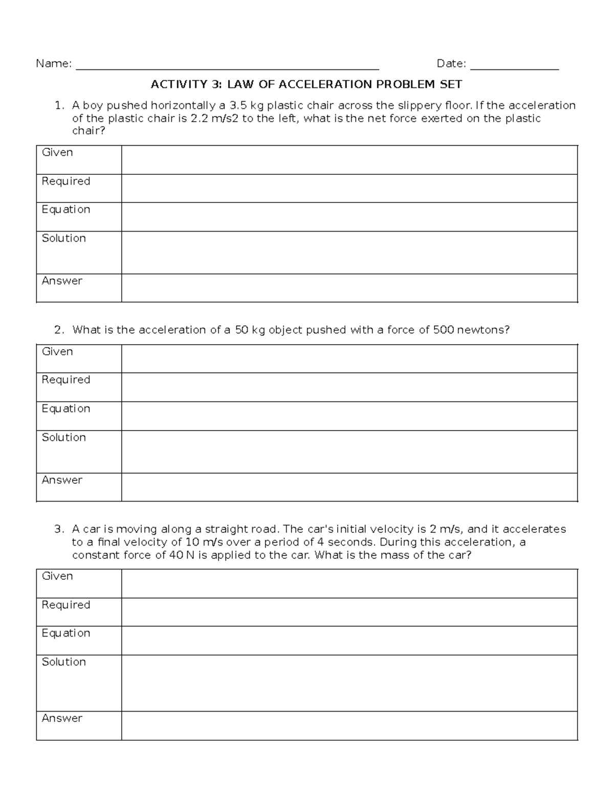 Sample Problems on LAW OF ACCELERATION (Physics) - Studocu