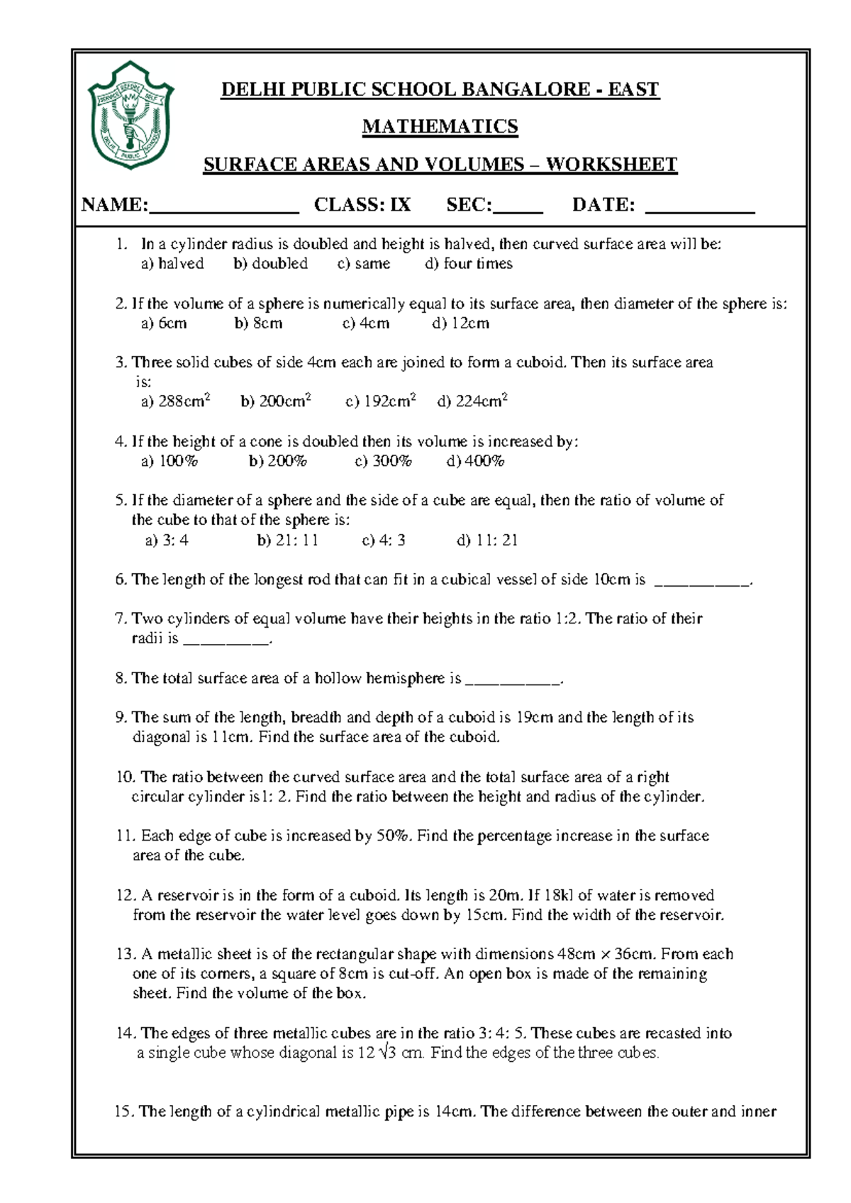 WS Surface Areas and Volumes Worksheet - Class IX - Studocu