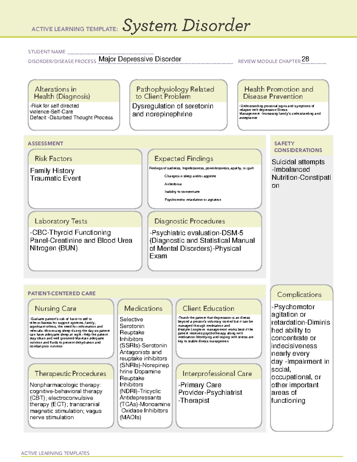 System disorder Depression - ACTIVE LEARNING TEMPLATES System Disorder ...