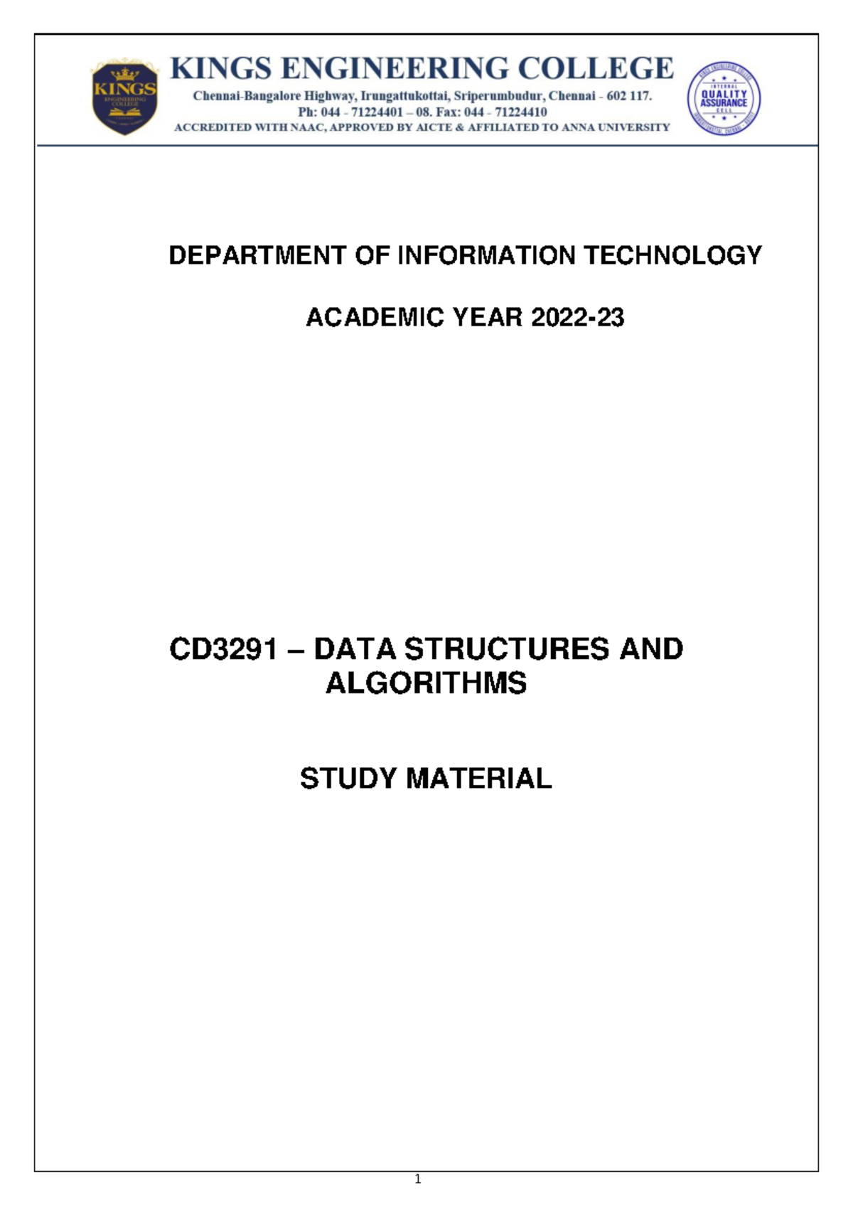 CD3291 - Comprehensive Study Material for Data Structures & Algorithms - Studocu