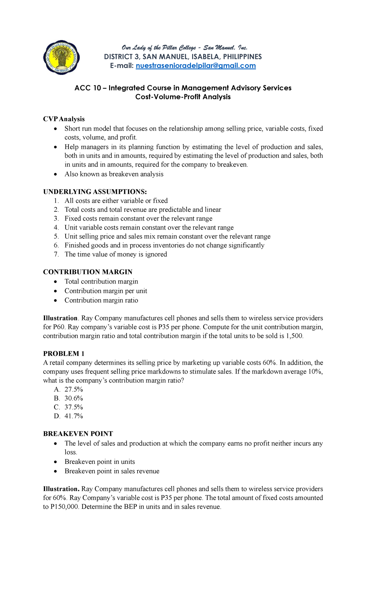 ACC 10 Cost-Volume-Profit Analysis: Breakeven and Contribution Margin ...
