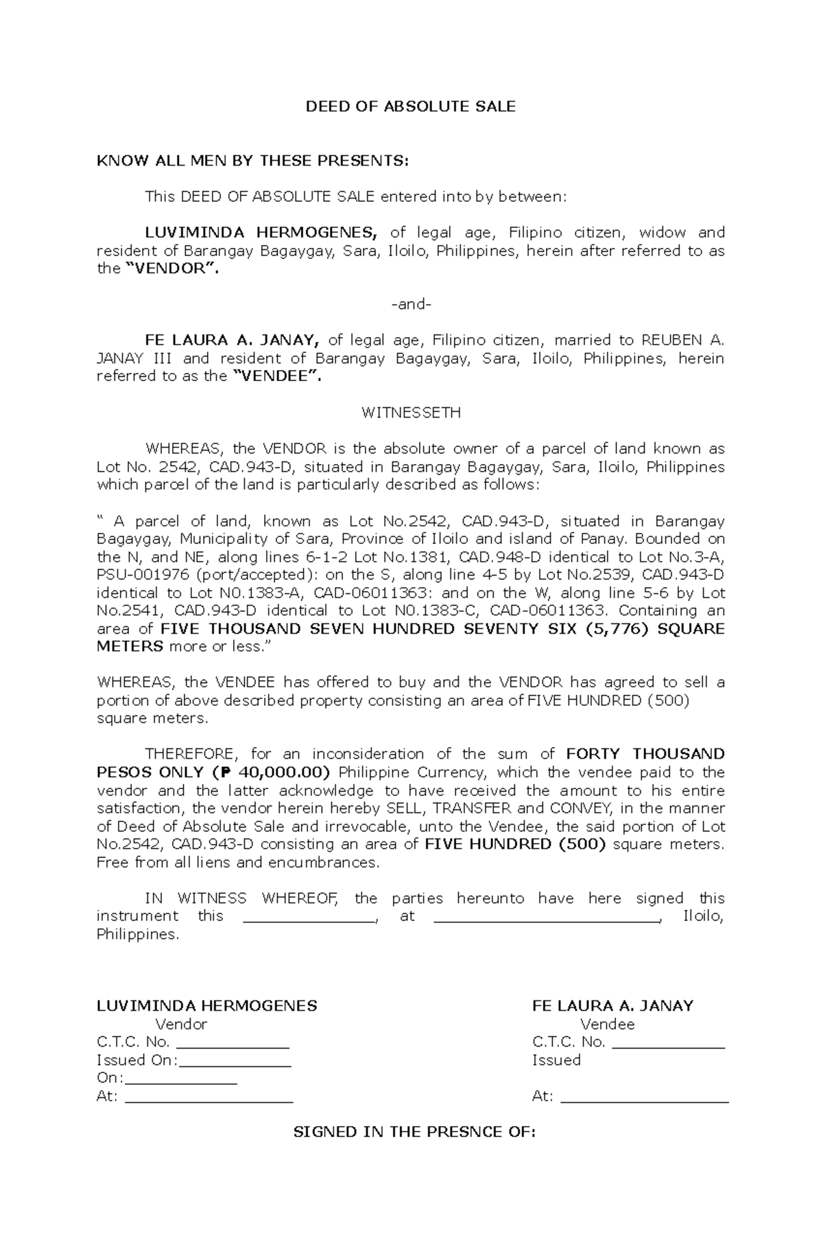 DEED OF Absolute SALE Luviminda - DEED OF ABSOLUTE SALE KNOW ALL MEN BY THESE PRESENTS: This ...