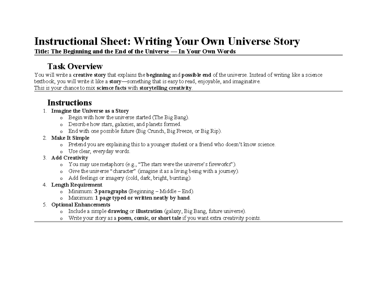 Instructional Sheet: Crafting Your Universe Story - Studocu
