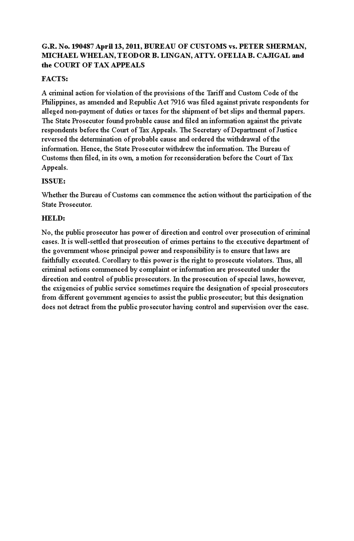 G.R. No. 190487: BOC vs. Peter Sherman - Tax Duty Violation Case - Studocu