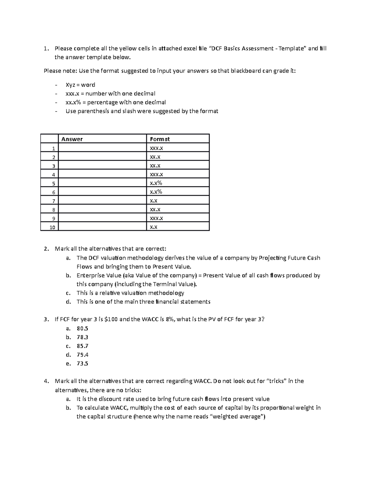 DCF Basics Assessment - Questions and Answer Template - Studocu