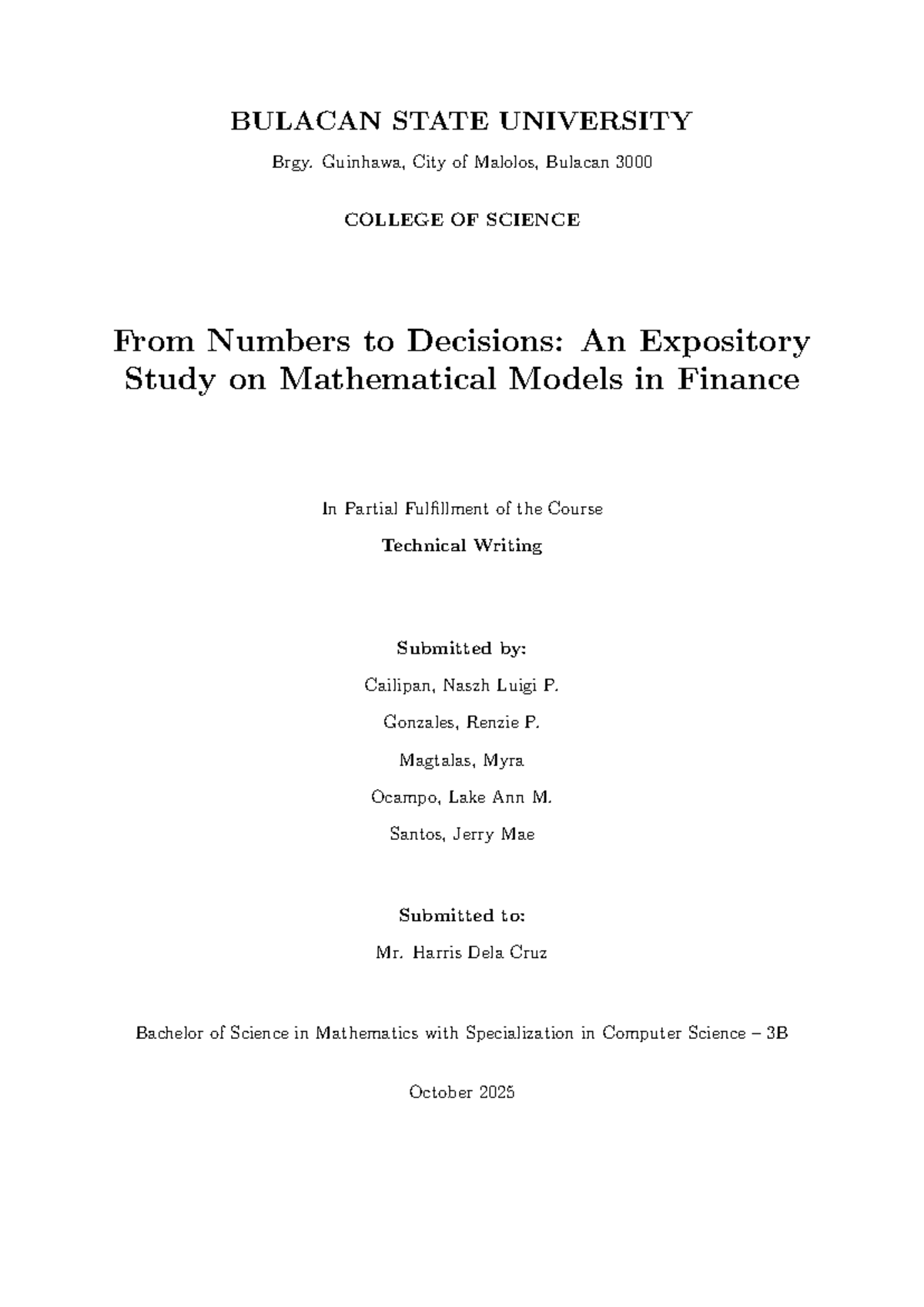 TWR 3B: Expository Study on Mathematical Models in Finance - Studocu