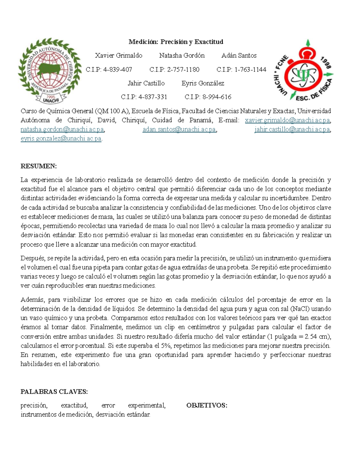 Medición de Precisión y Exactitud en Química General (QM 100 A) - Studocu