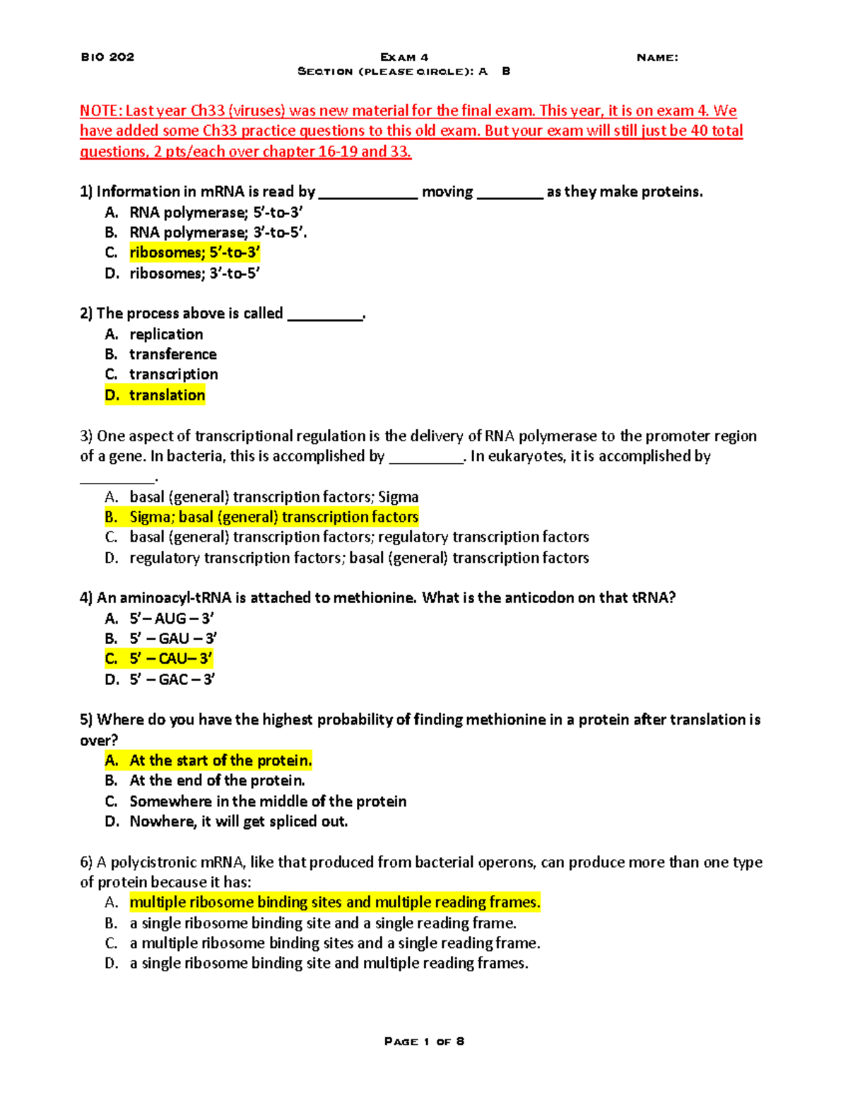 BIO 202 Final Exam Review: Chapters 16-19 and 33 Questions - Section ...