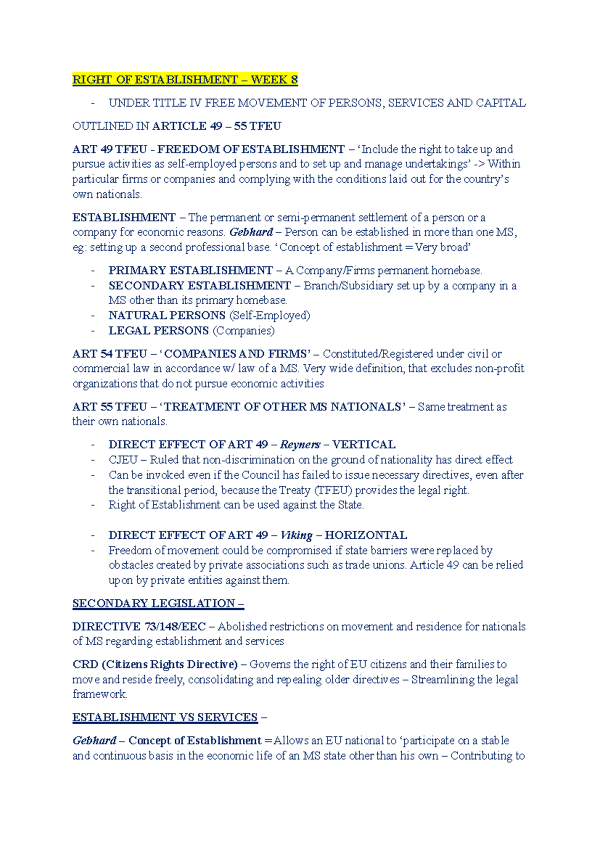 EU LAW - Right of Establishment: Week 8 Overview of TFEU Articles 49-55 ...