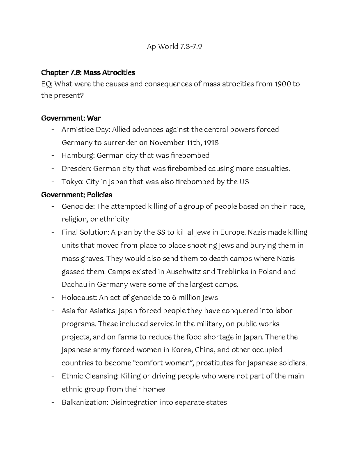 AP World History 7.8-7.9 Key Terms & Vocabulary on Mass Atrocities ...
