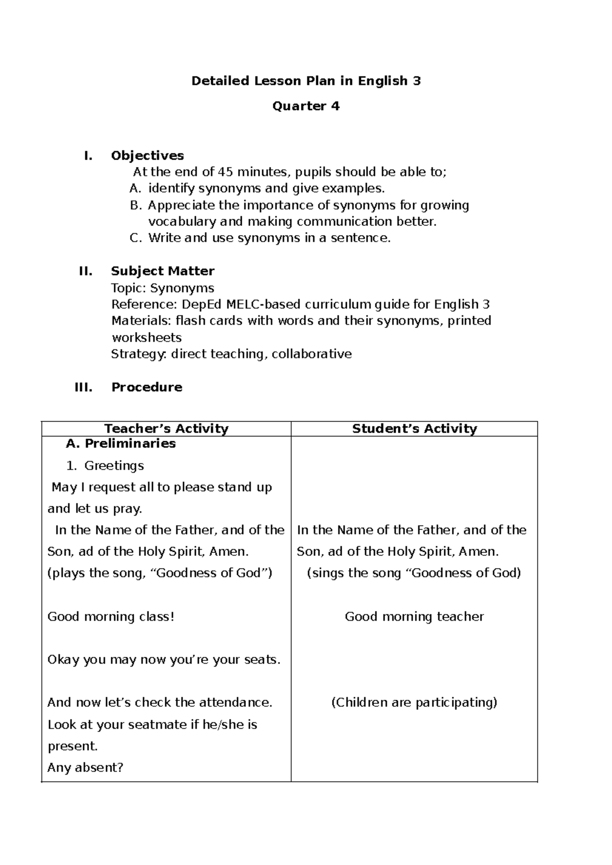 Detailed Lesson Plan: Synonyms for English 3 Class - Studocu