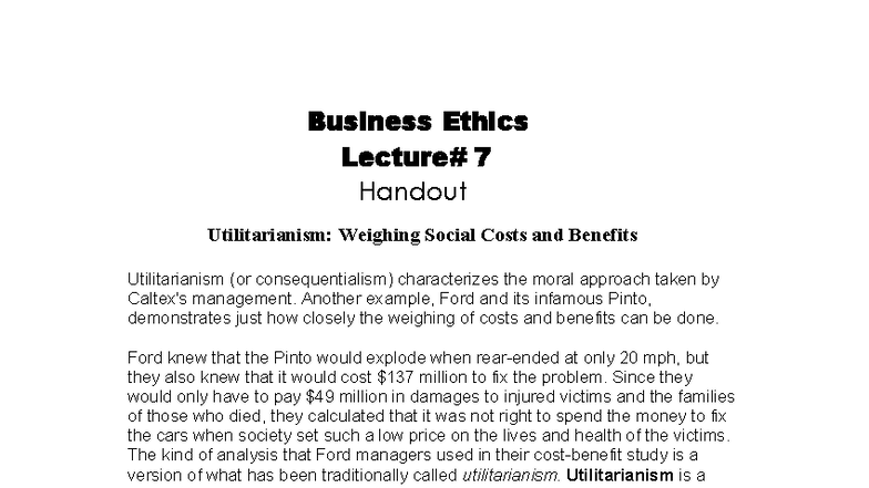 Business Ethics 7: Utilitarianism and Social Cost-Benefit Analysis ...