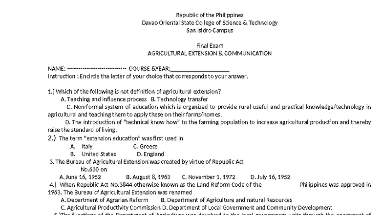 AGRI 101 Final Exam: Agricultural Extension & Communication Questions ...