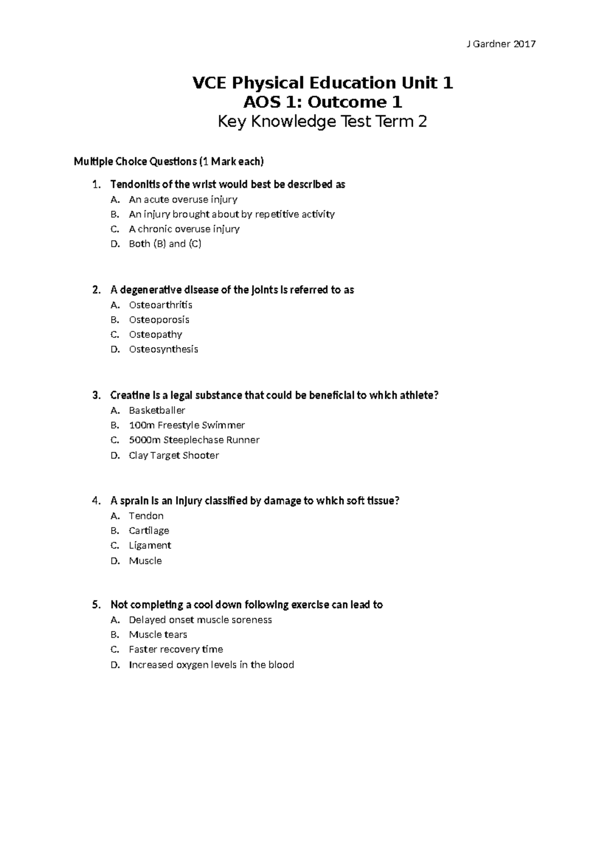 Key Knowledge Test - VCE PE Unit 1 AOS 1 Term 2 - Studocu