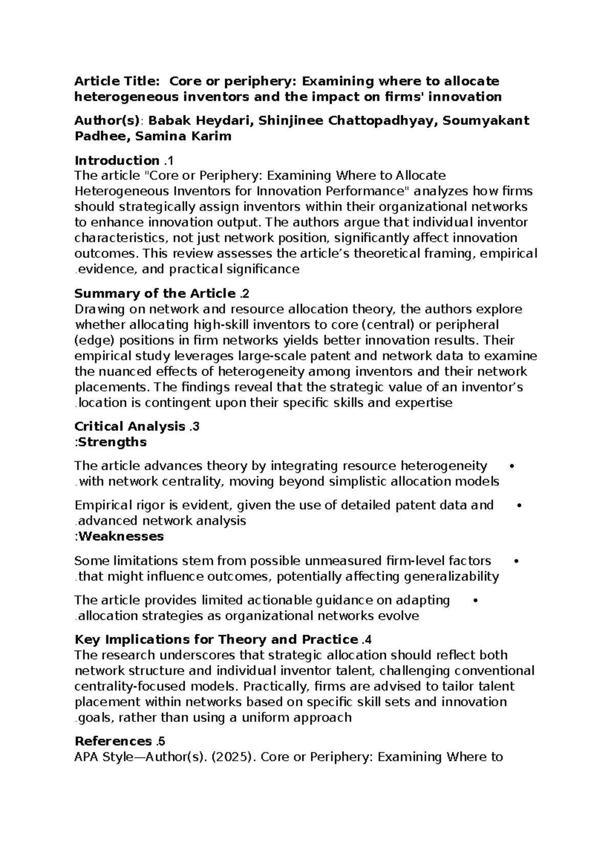 Core or Periphery: Allocating Inventors for Enhanced Innovation - Studocu