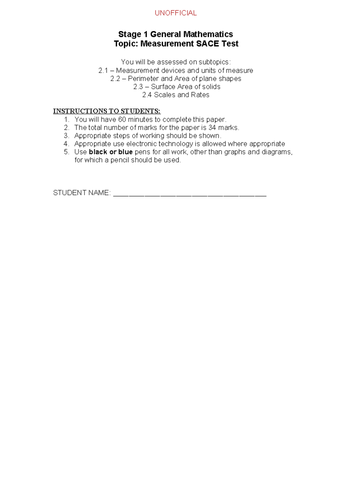 Measurement Test - Stage 1 General Mathematics SACE Assessment - Studocu