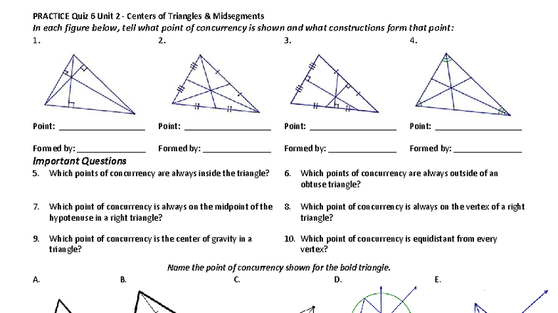 Practice Quiz 6: Centers of Triangles & Midsegments (Unit 2) - Studocu