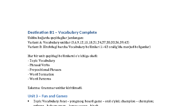 Destination B1 Vocabulary Units A & B Overview - Studocu
