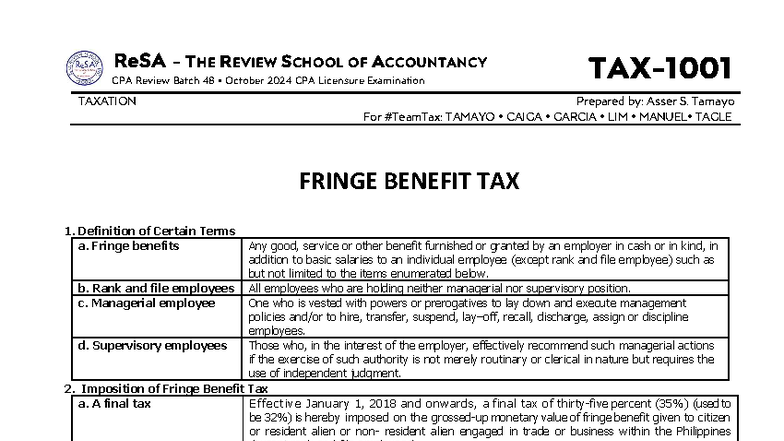 TAX-1001: Comprehensive Guide to Fringe Benefit Tax for CPA Review - Studocu