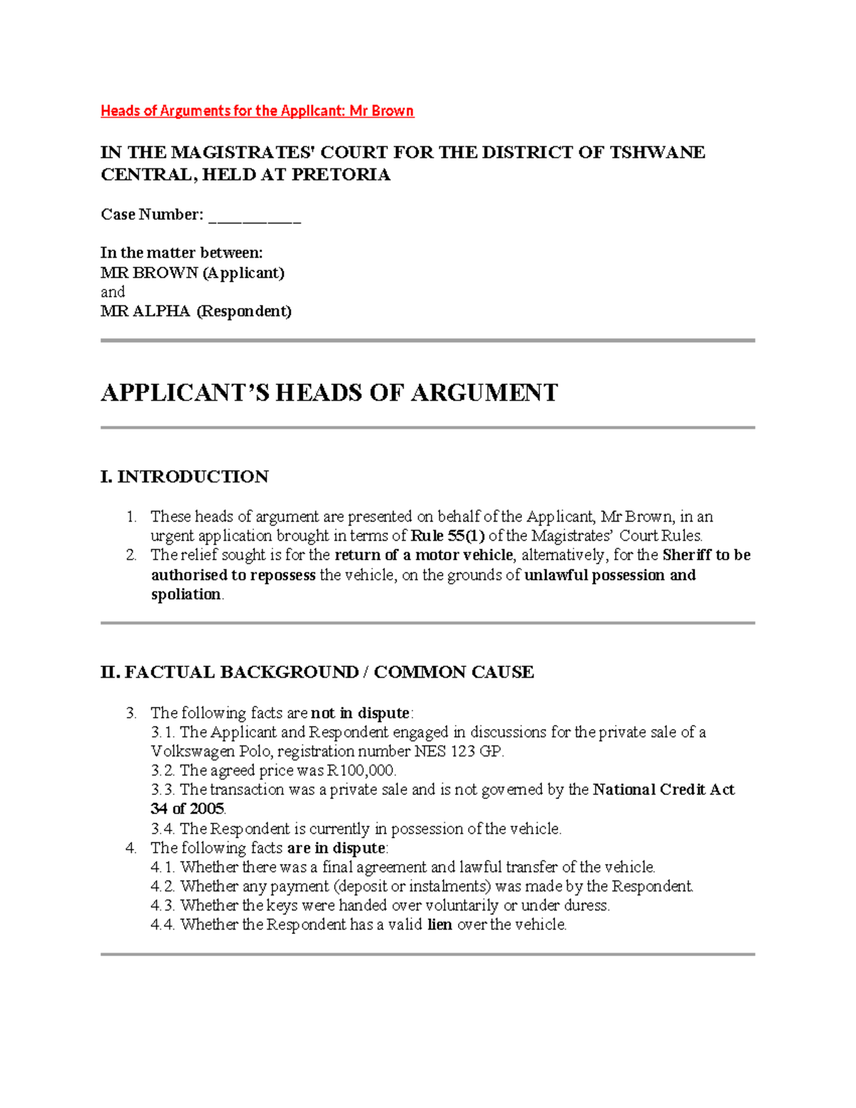 Heads of Arguments for the Applicant (Case No: __________) - Studocu