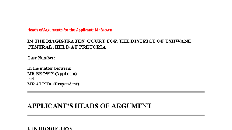Heads of Arguments for the Applicant (Case No: __________) - Studocu