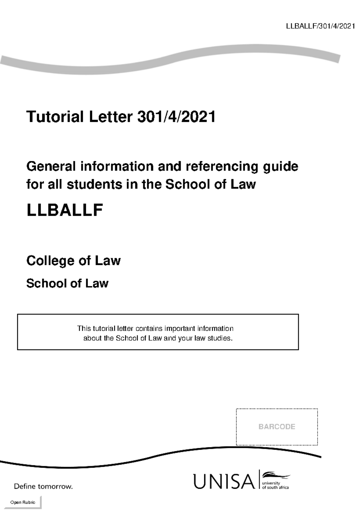 TL301 4 2021 Tutorial Letter: Your Guide to Law Studies at CLAW - Studocu