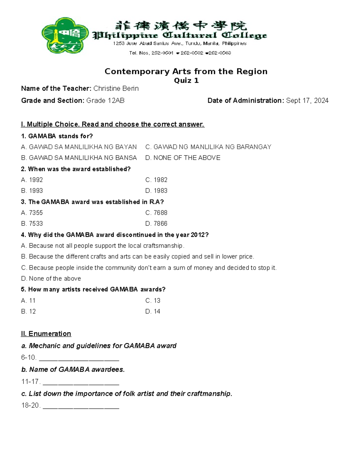 CPAR - Quiz 1 - GAMABA Artist Overview and Questions - Studocu