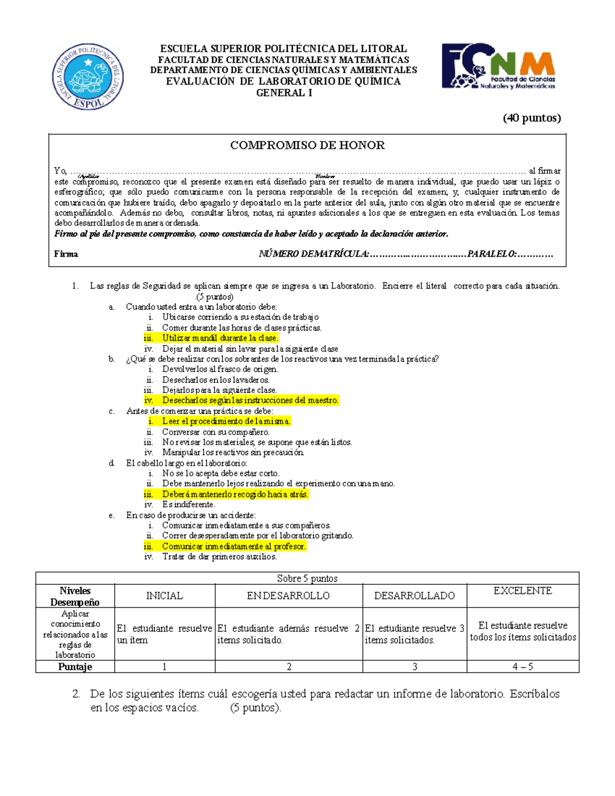 Examen de Laboratorio de Química General I - ESC. POLITÉCNICA DEL ...