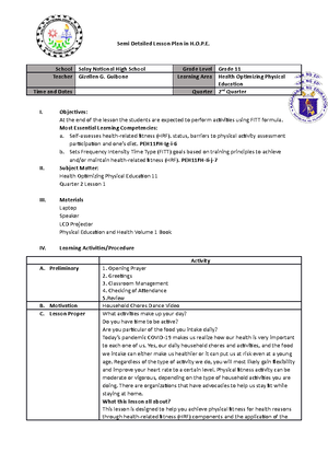 DLP PE Grade 11 WEEK4 - DAILY LESSON PLAN SAMPLE - Semi Detailed Lesson ...