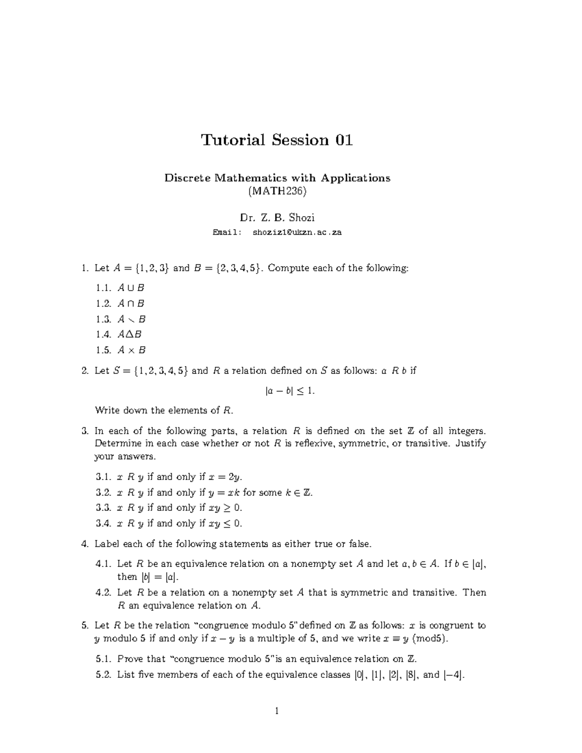 MATH236 Tutorial Session 01: Discrete Math Concepts and Relations - Studocu