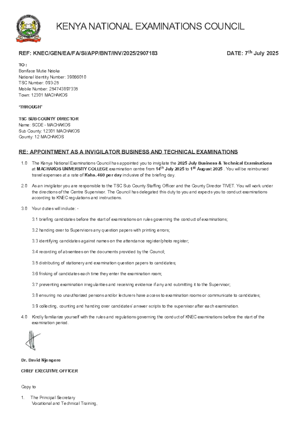 KNEC Appointment Letter for Invigilator - Business Technical Exams 2025 ...