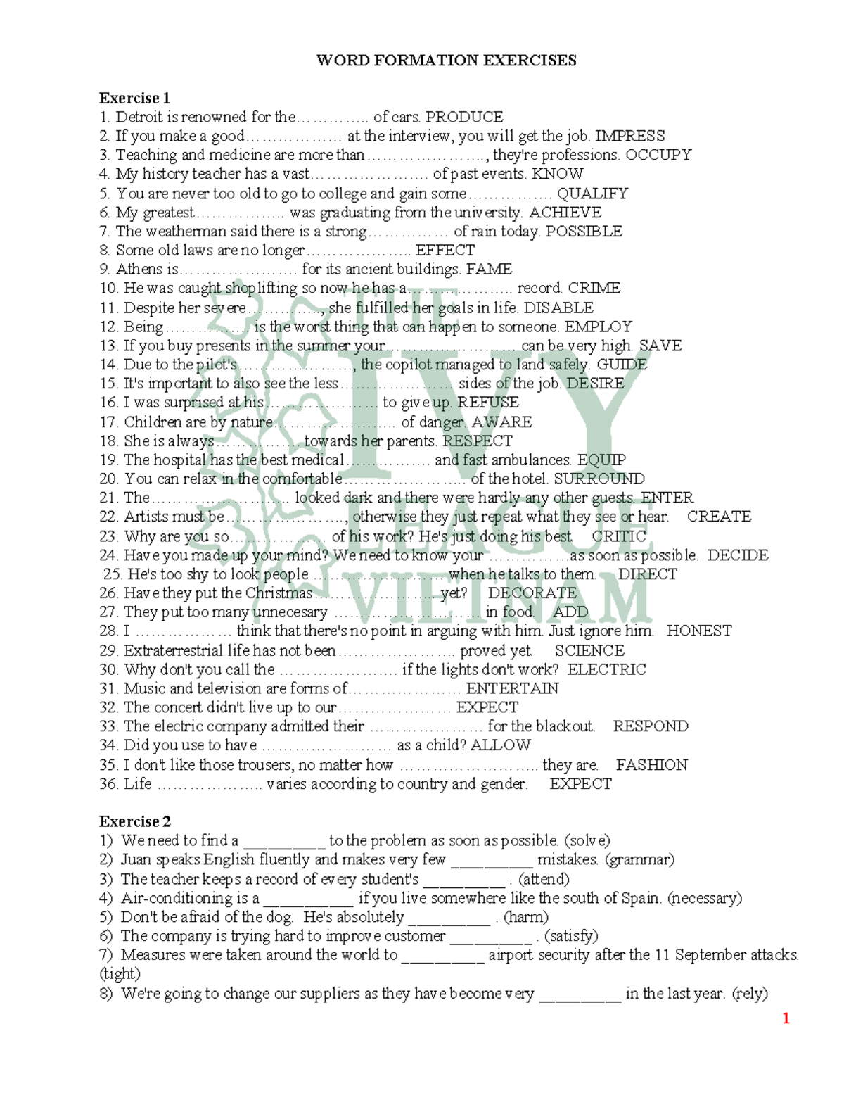Word Formation Exercises (ENG 101) - Practice and Key Answers - Studocu