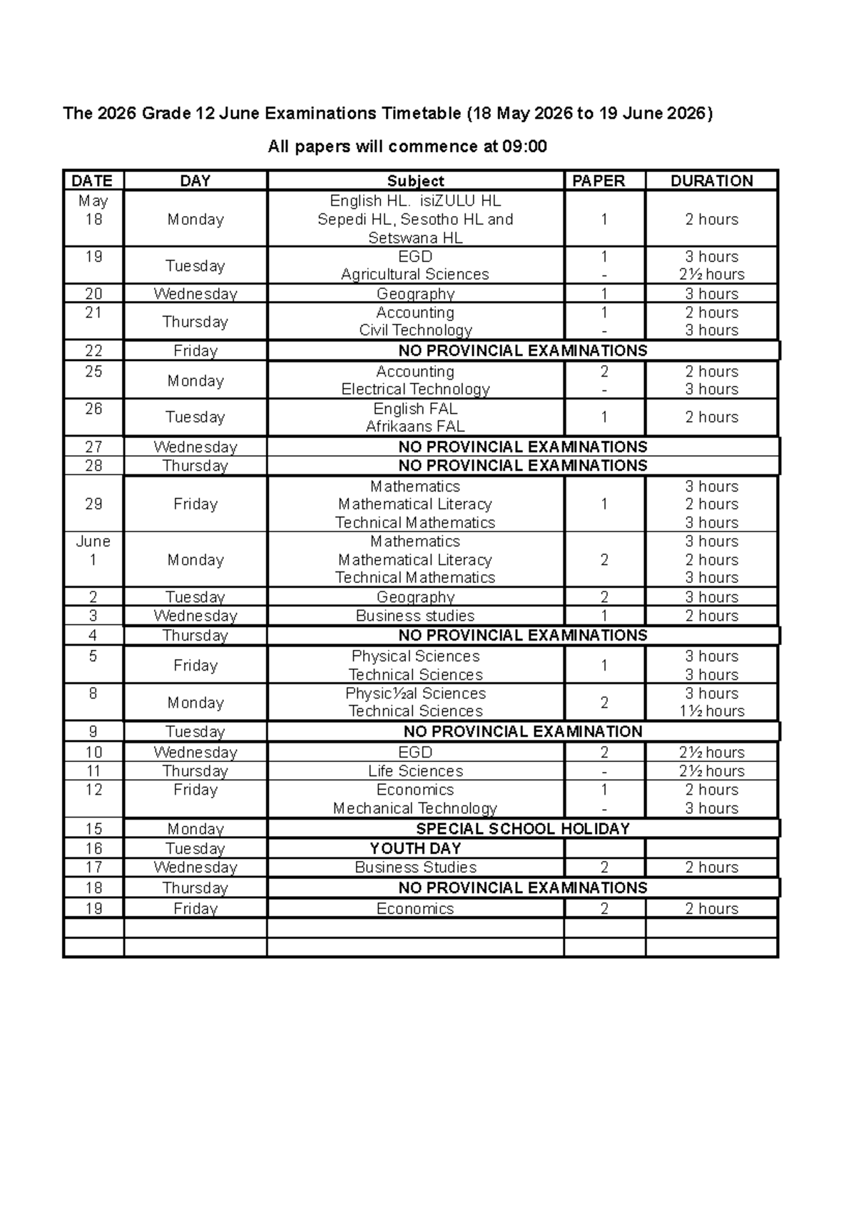 2026 Grade 12 June Exam Timetable (18 May - 19 June) - Studocu