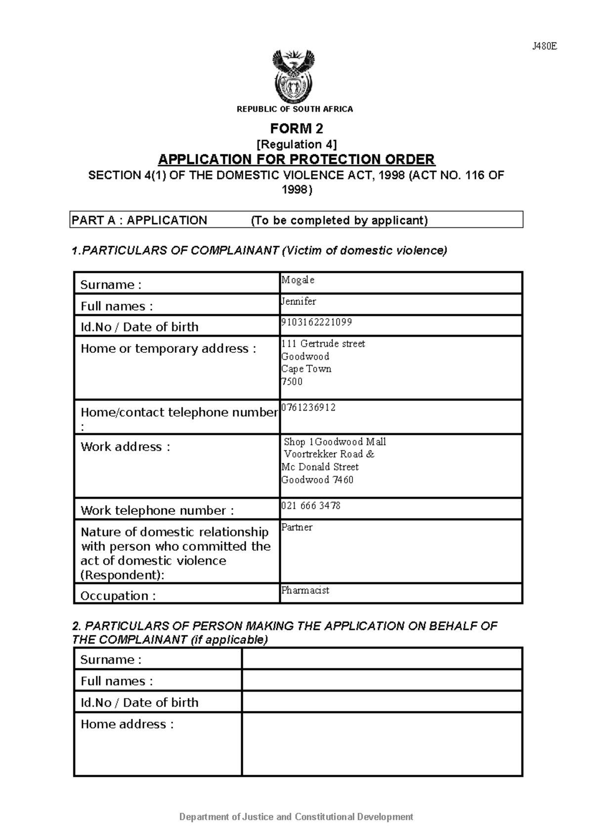 Application OF Protection Order - REPUBLIC OF SOUTH AFRICA FORM 2 ...