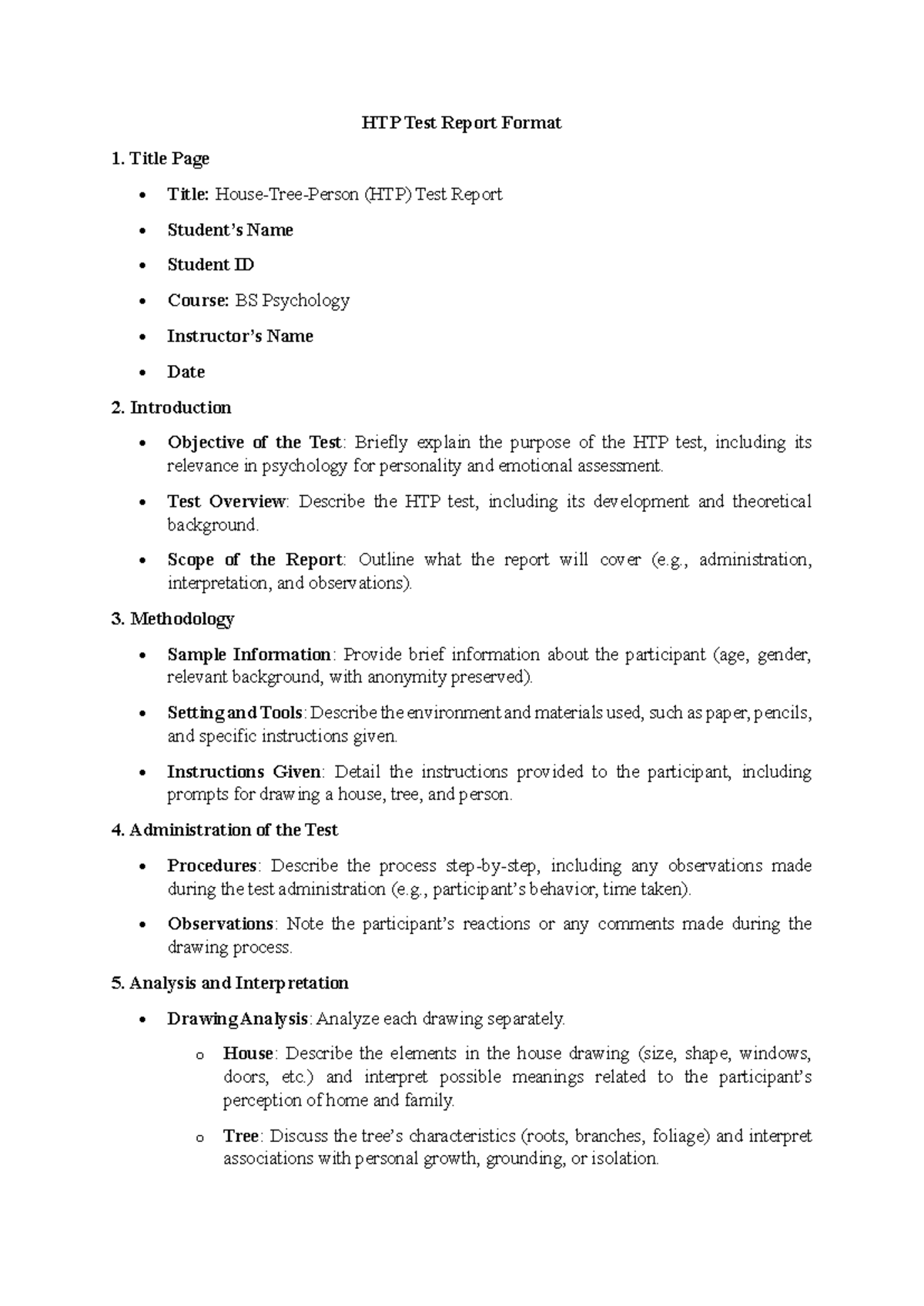 BS Psychology HTP Test Report Writing Format Guide - Studocu