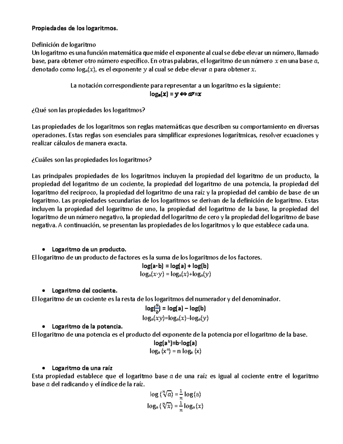 Propiedades de los Logaritmos: Definición y Reglas Clave - Studocu