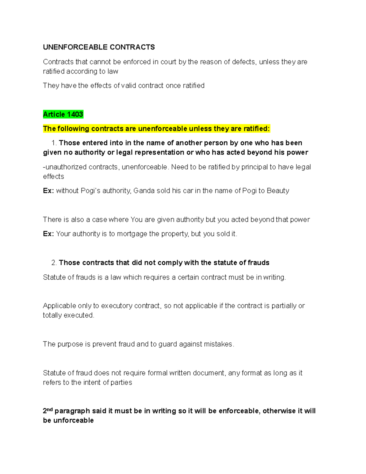 Oblicon 1403 - Unenforceable Contracts Summary Notes - Studocu