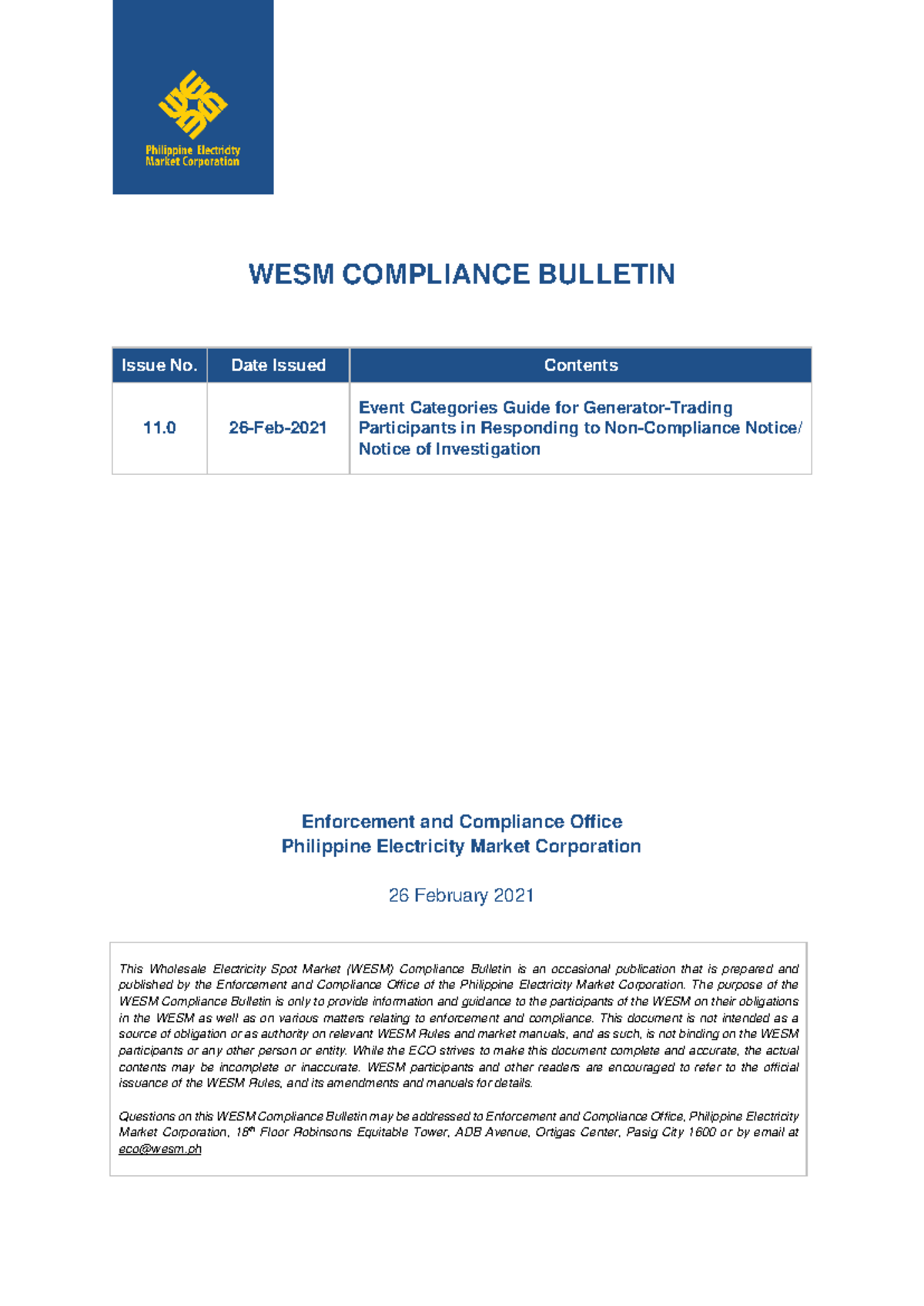 WESM Compliance Bulletin 11: Updated Event Categories Guide for ...