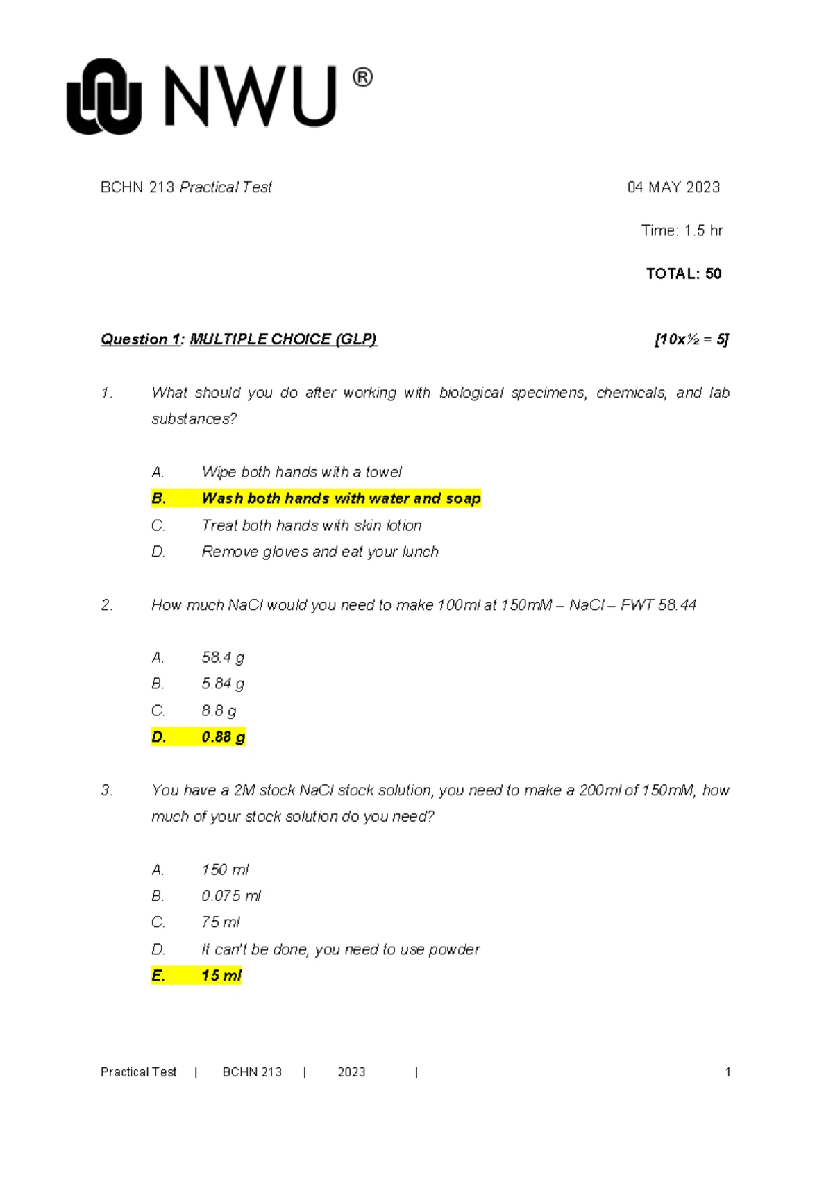 BCHN 213 - Practical Test 2023 MEMO - BCHN 213 Practical Test 04 MAY ...