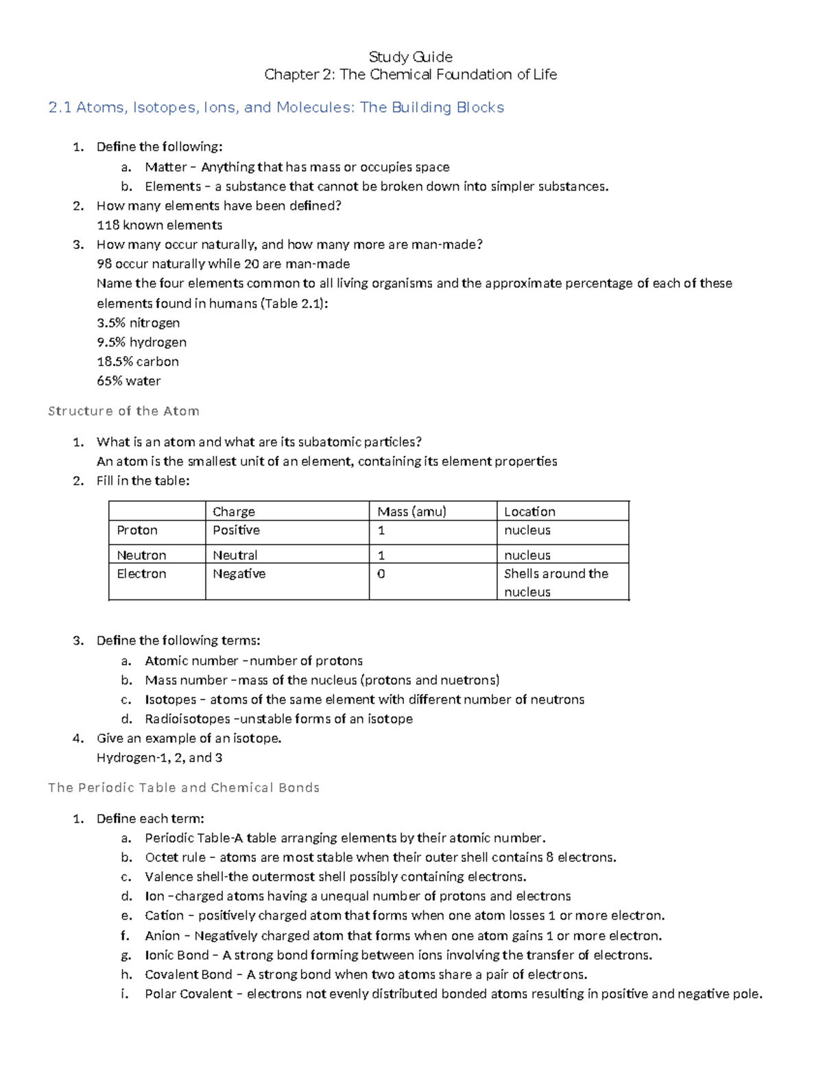 Chapter 2 Study Guide: The Chemical Foundation of Life (Atoms, Isotopes ...