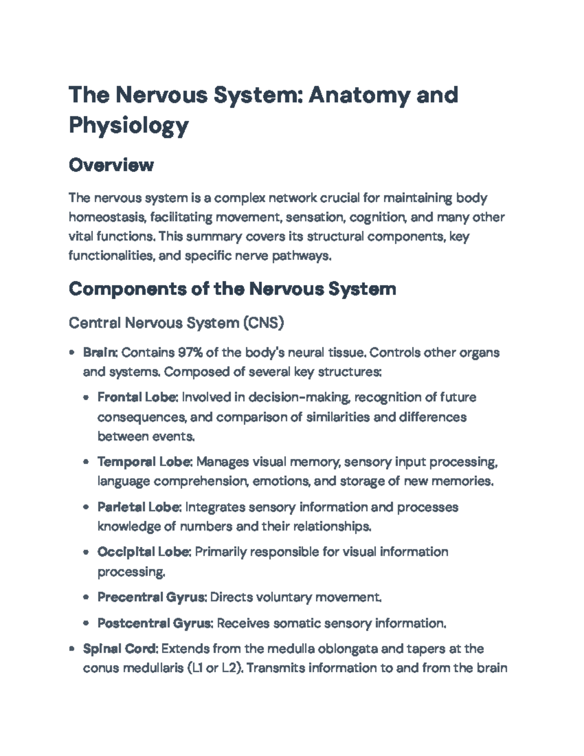 Nervous System: Anatomy and Physiology Overview - Final Exam Notes ...