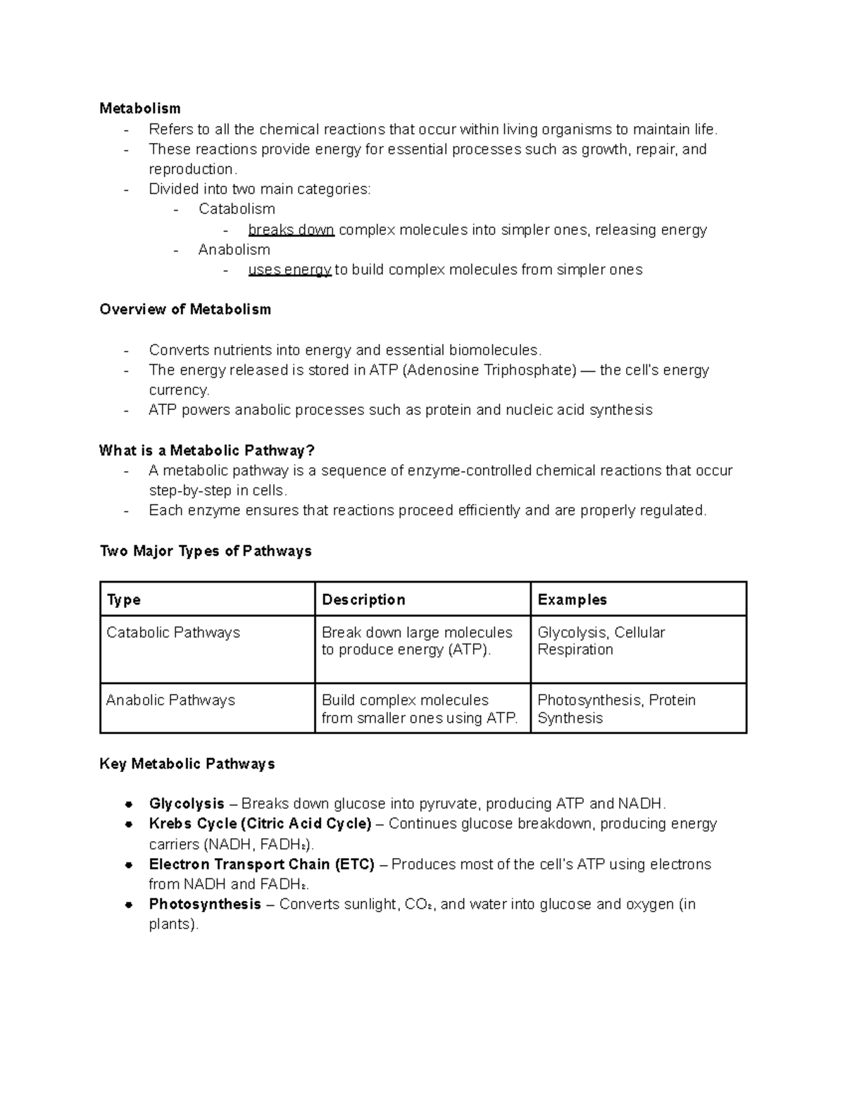 Group 4 - Metabolism & Metabolic Pathways Handouts - Studocu