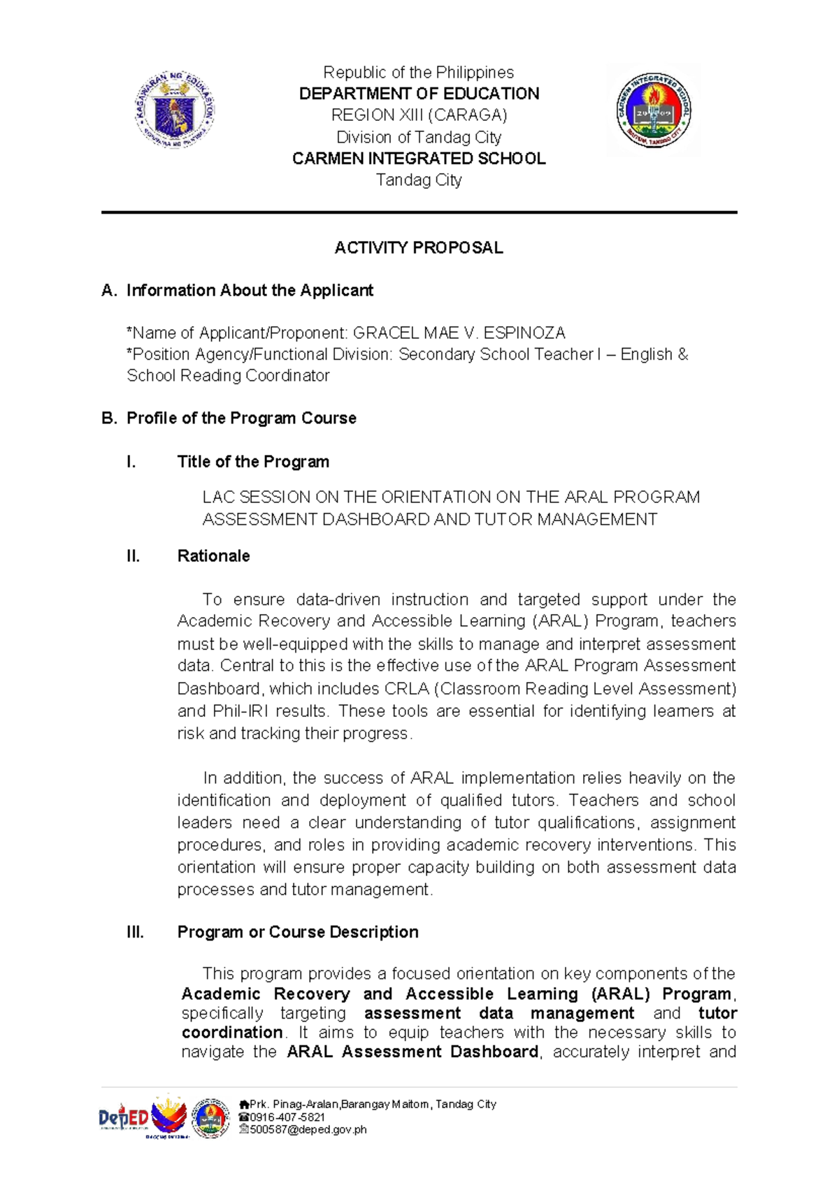 Activity Proposal for ARAL Program Orientation (EDUC 101) - Studocu