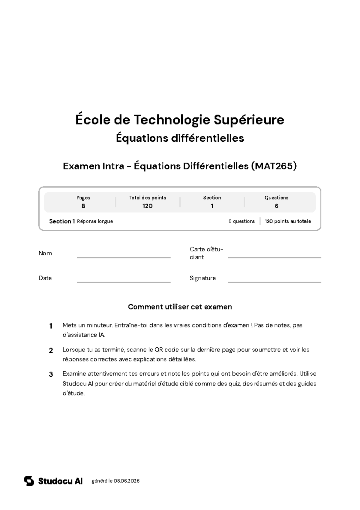 Examen Intra - Équations Différentielles (MAT265) - Studocu