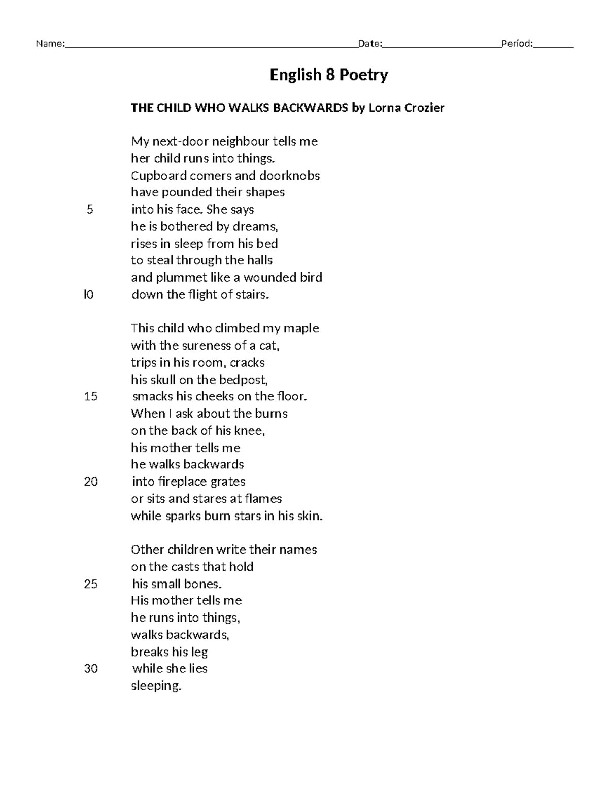 English 8 Poetry Analysis: The Child Who Walks Backwards - Studocu