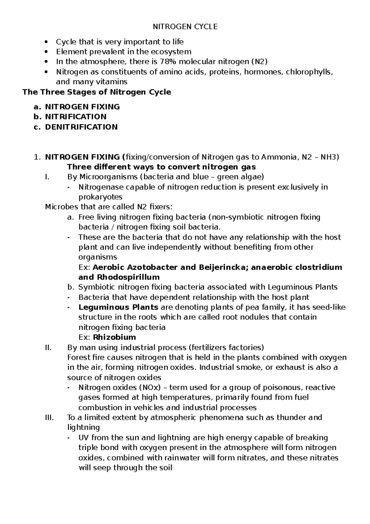 Nitrogen Cycle Overview: Key Processes and Importance (BIO101) - Studocu