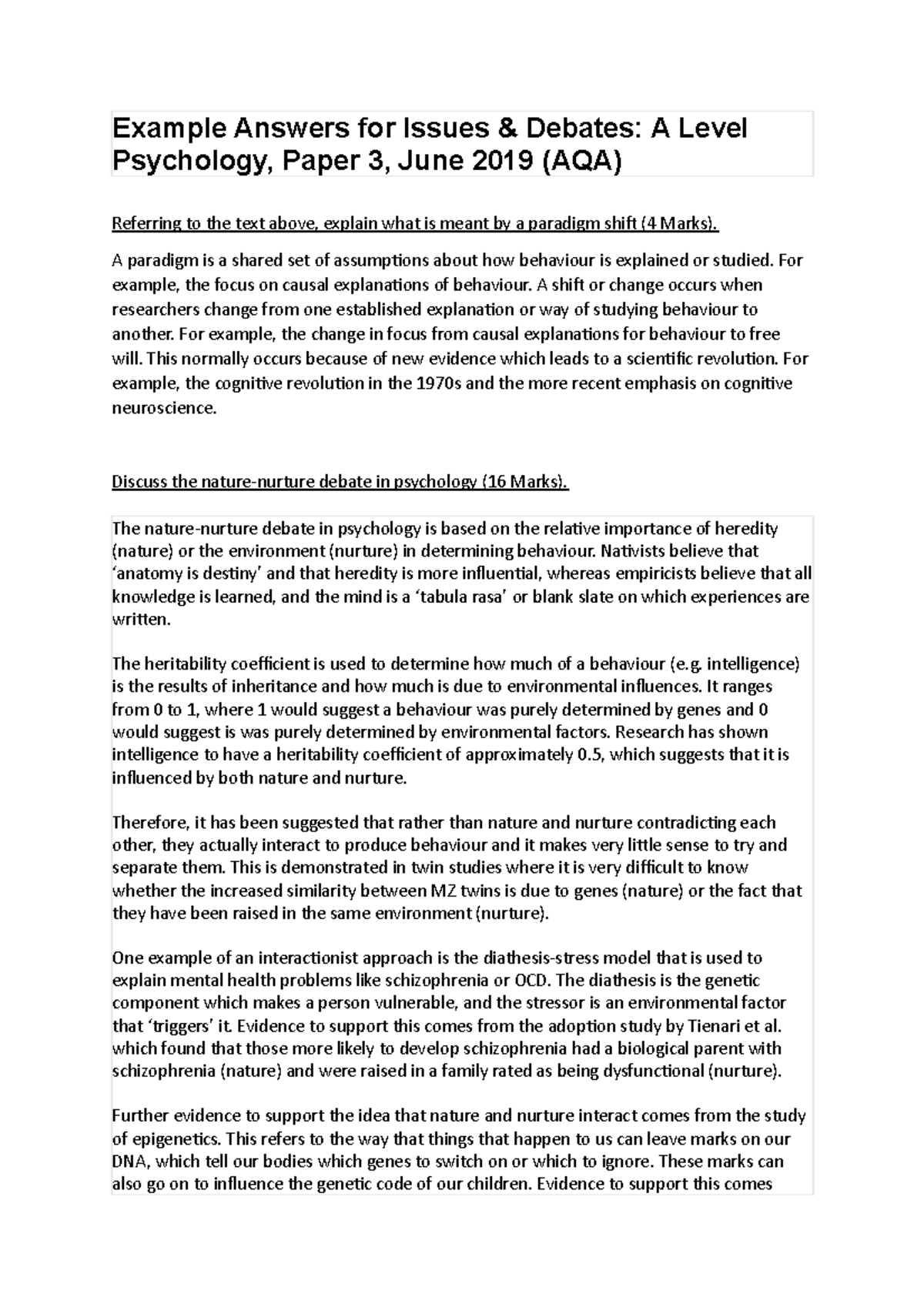 Example Answers for Issues & Debates: A-Level Psychology, Paper 3 (AQA ...