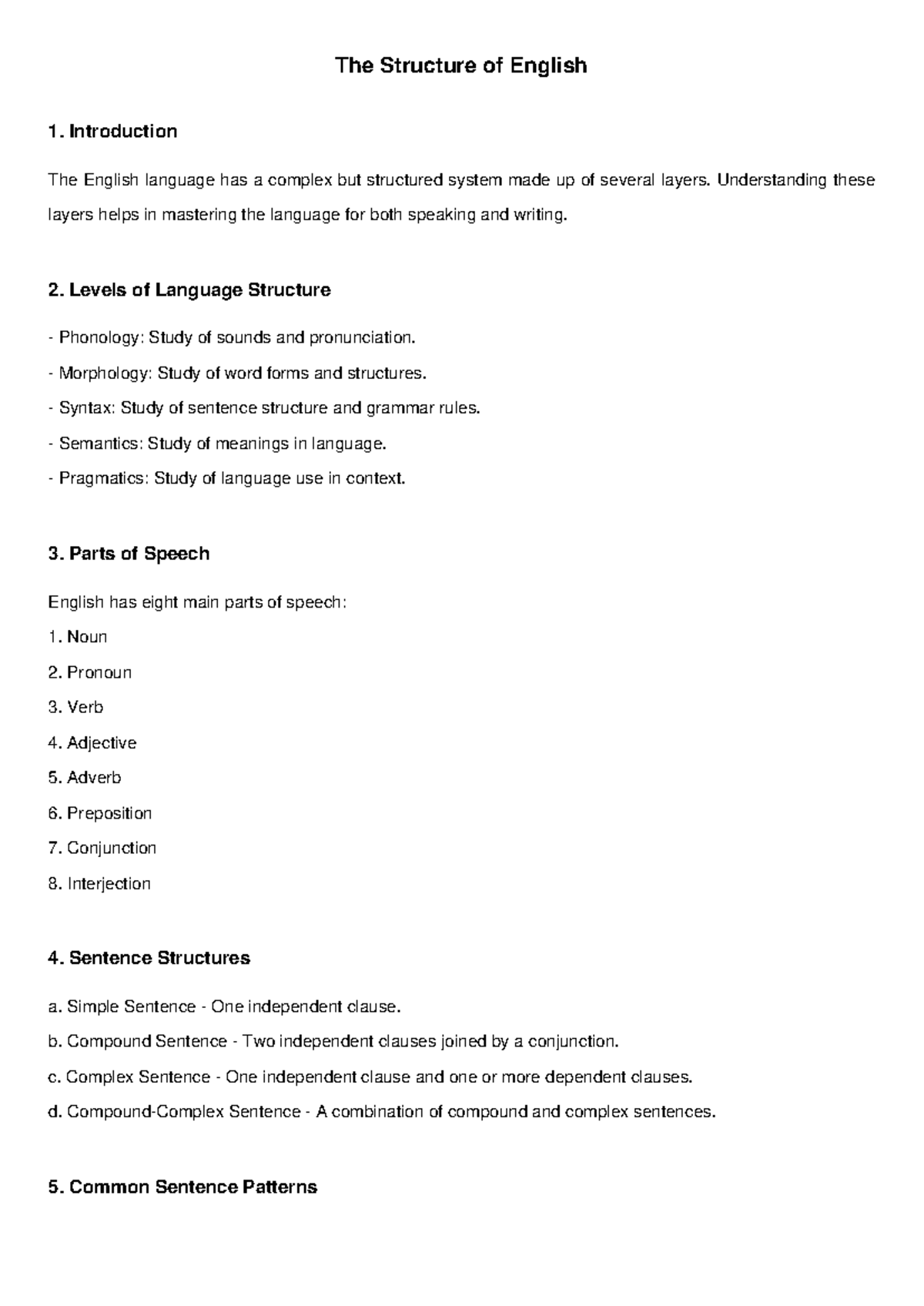 Structure of English - Notes on Language Levels and Parts of Speech ...