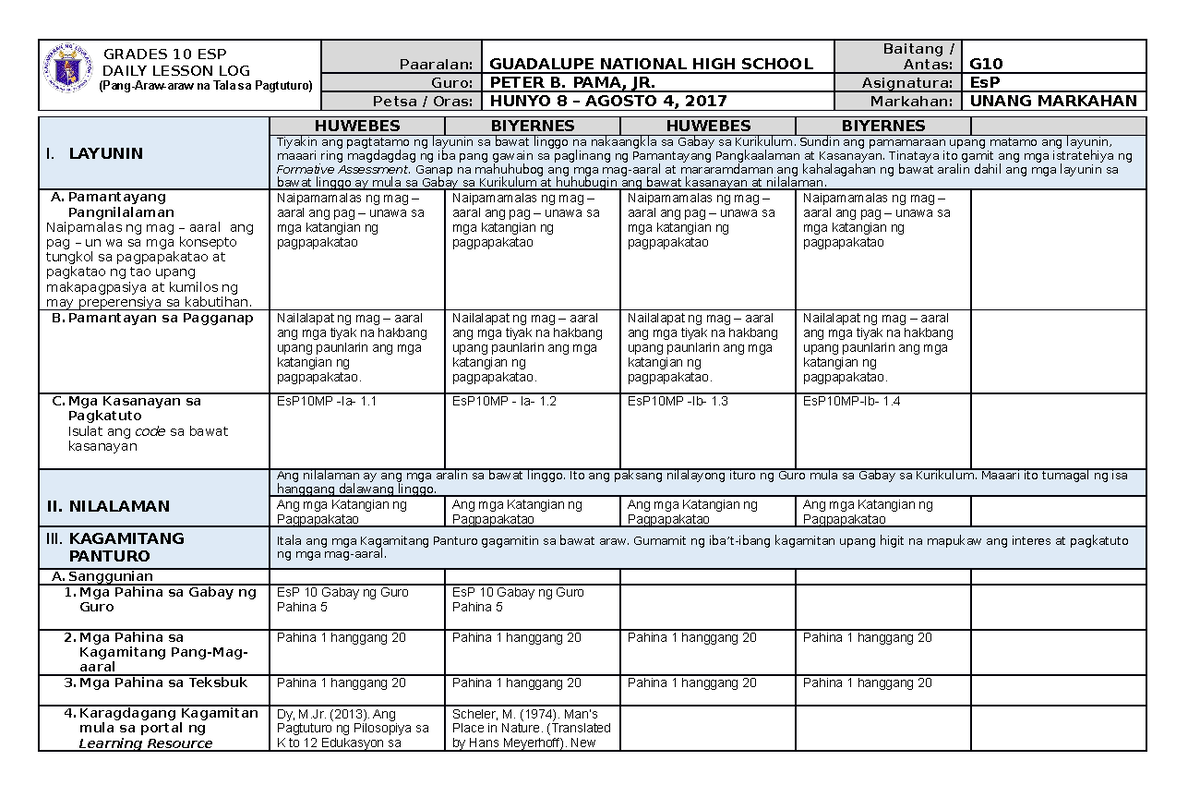 DLL - ESP 10 1ST Quarter - lesson - GRADES 10 ESP DAILY LESSON LOG ...