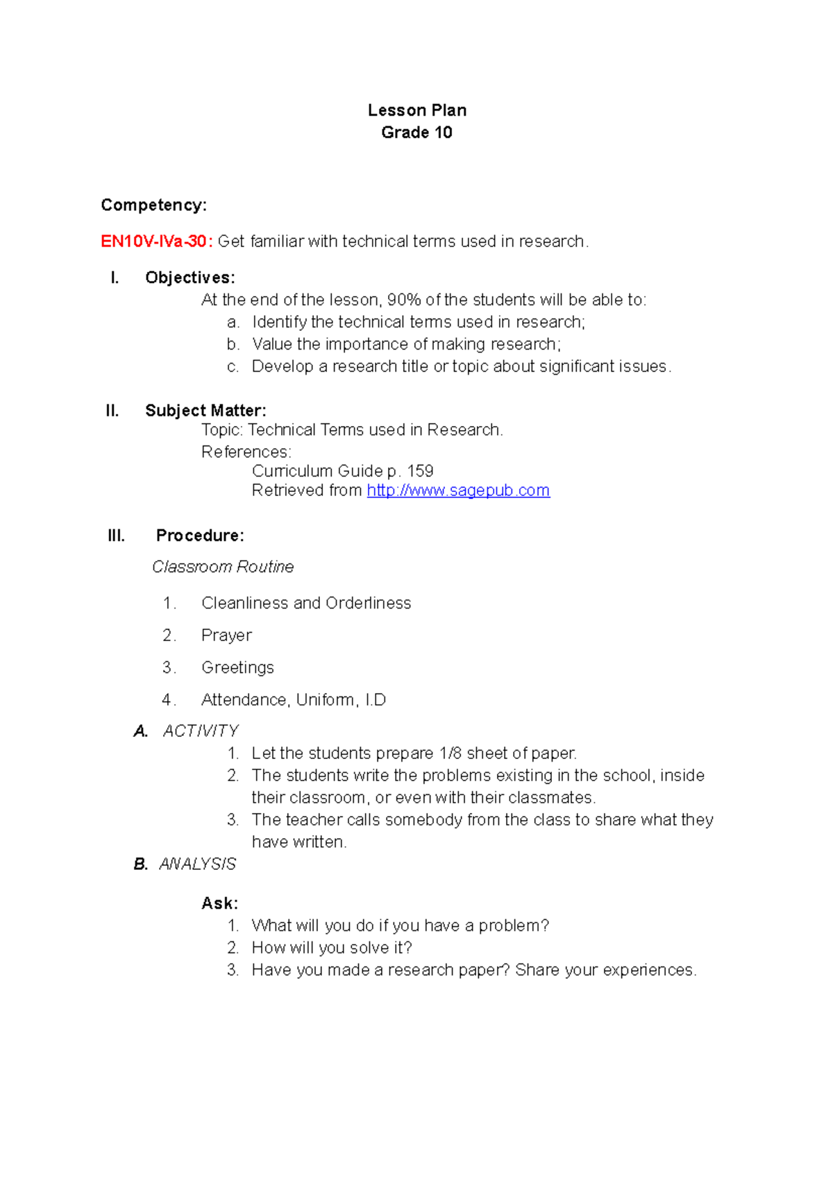 Lesson PLAN Q4 ENG10 Melcs 1 Technical TERN USE IN Research - Lesson ...